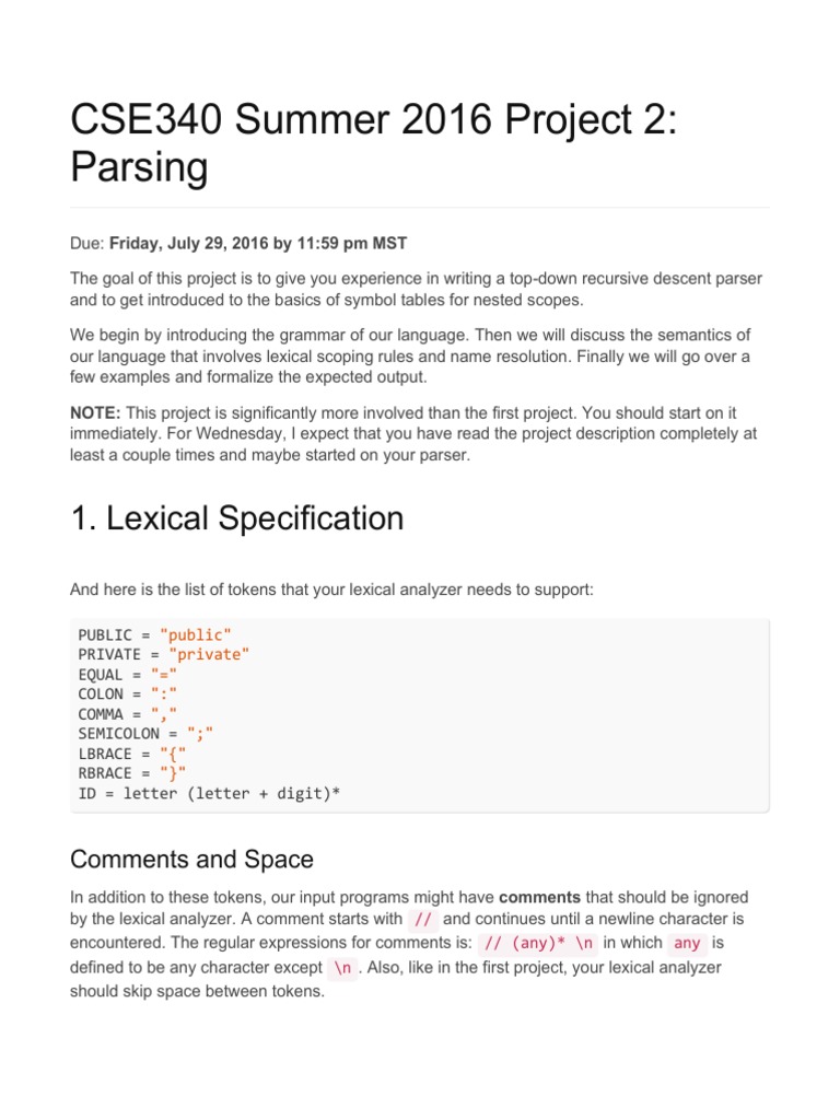 CSE340 Summer 2016 Project 2: Parsing: 1. Lexical Specification | PDF | Parsing | Scope ...
