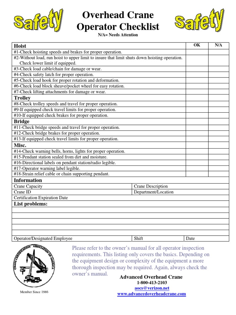 Overhead Crane Operator Checklist: Hoist | PDF