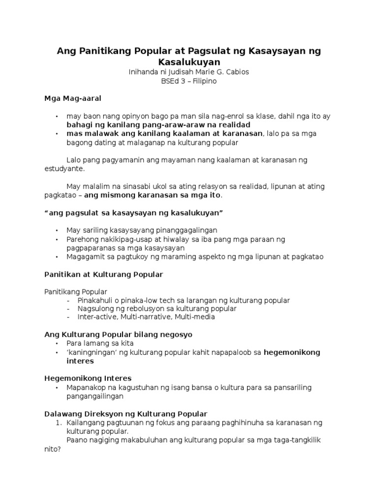 Ang Panitikang Popular at Pagsulat Sa Kasaysayan NG Kasalukuyan (CABIOS ...