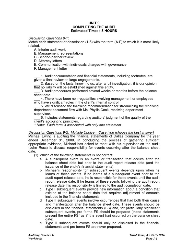 Discussion Questions 9-1:: Unit 9 Completing The Audit Estimated Time ...