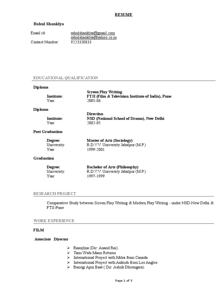Rahul Resume | PDF | Leisure | Cinema