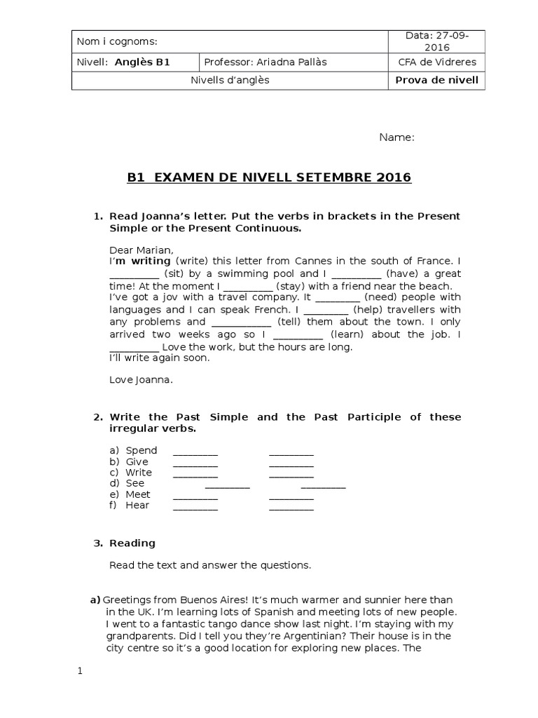 Prova de Nivell Anglès B1 | PDF
