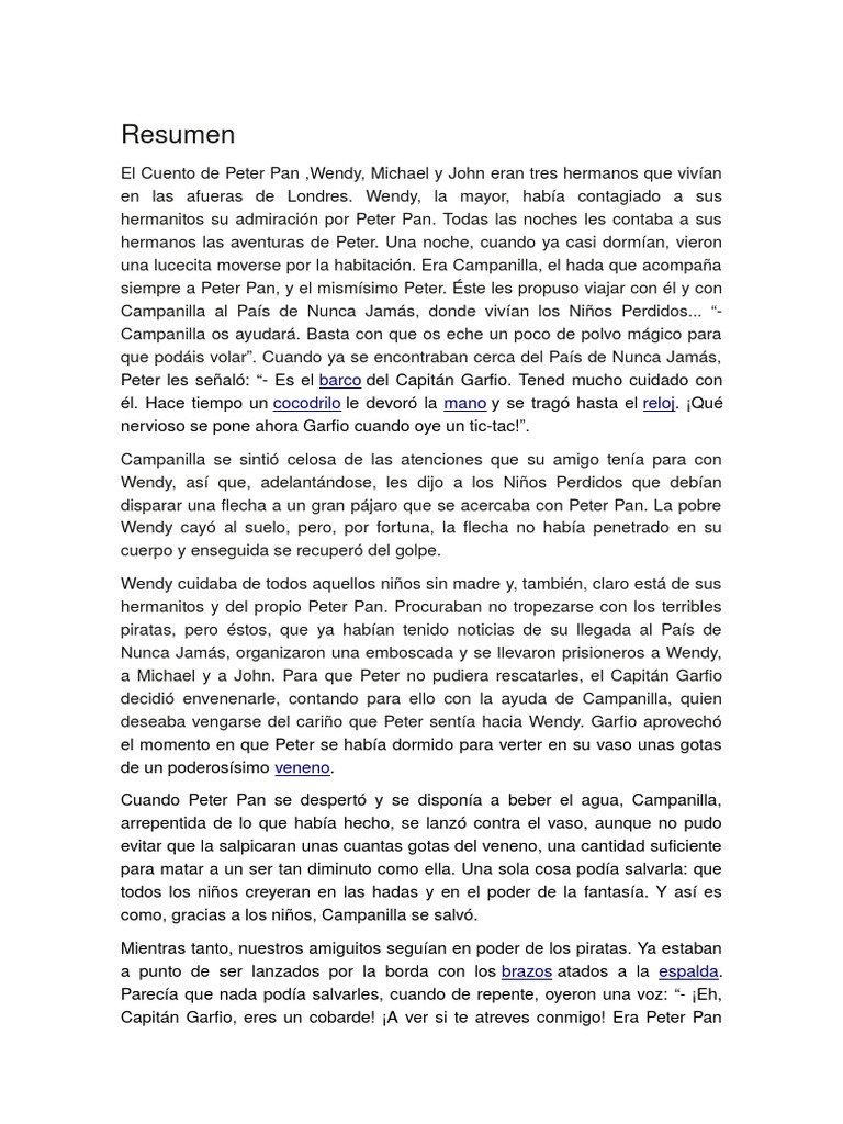 Resumen de Peter Pan | PDF | Peter Pan | Neverland