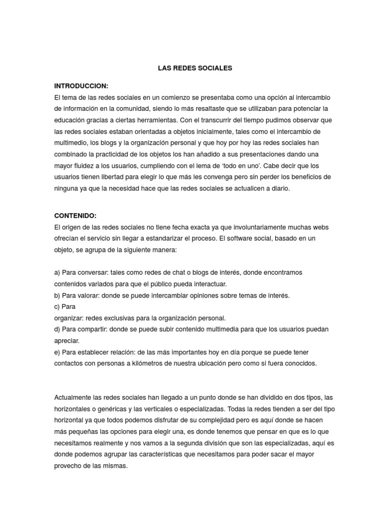 Las Redes Sociales Ensayo Lectura | PDF