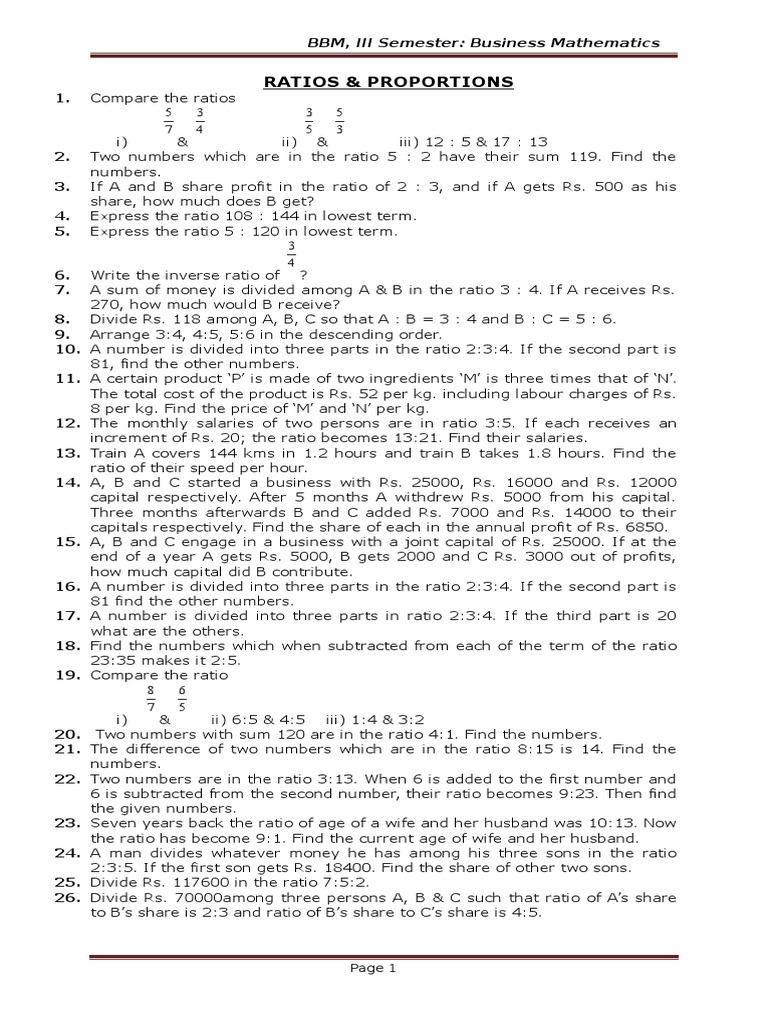 Ratios & Proportions: BBM, III Semester: Business Mathematics | PDF | Ratio | Profit (Accounting)