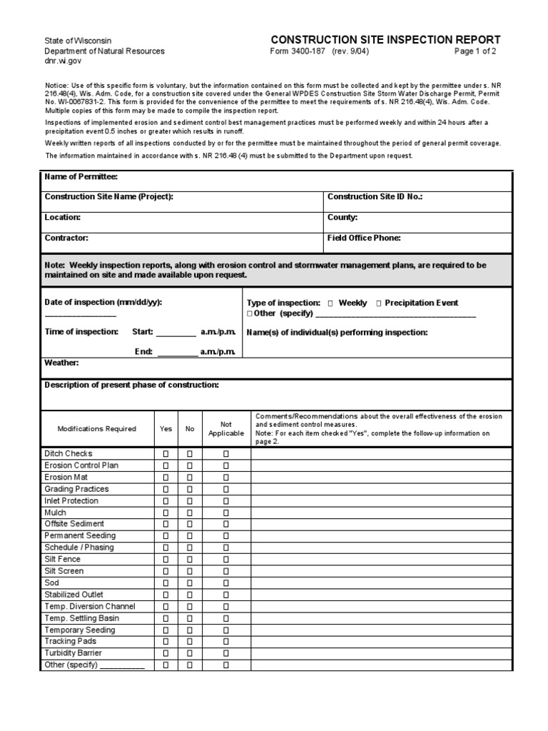Construction Site Inspection Report PDF | PDF | Stormwater ...
