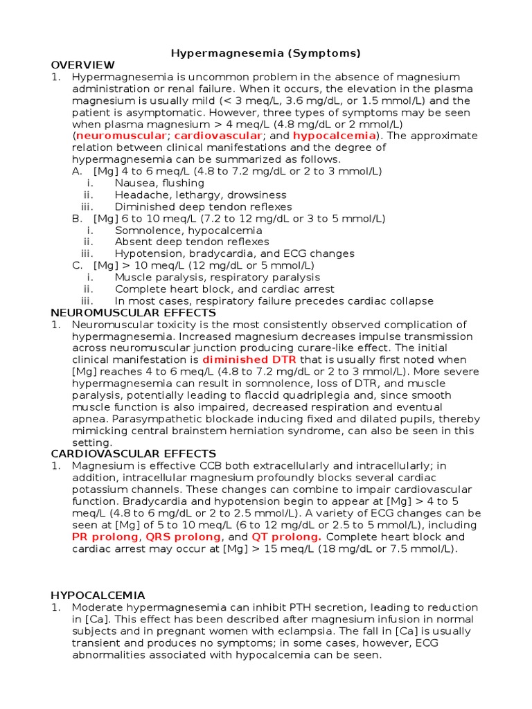 Neuromuscular Cardiovascular Hypocalcemia: Hypermagnesemia (Symptoms ...
