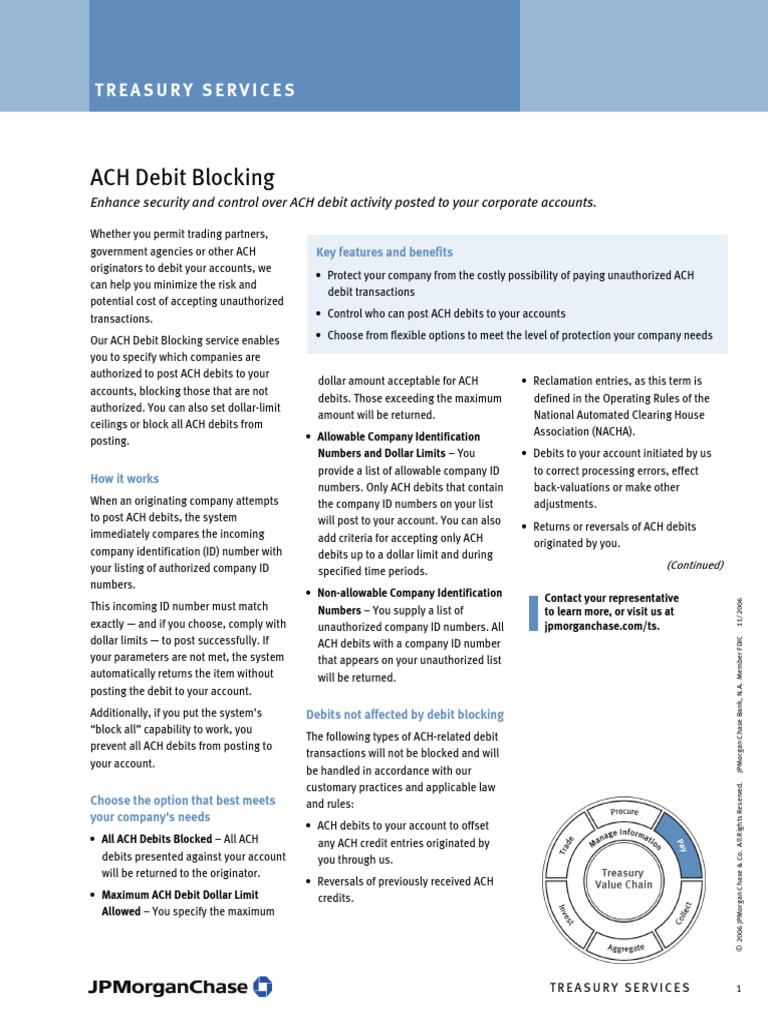 ACH Debit Blocking Product Sheet | PDF | Chase Bank | Automated ...