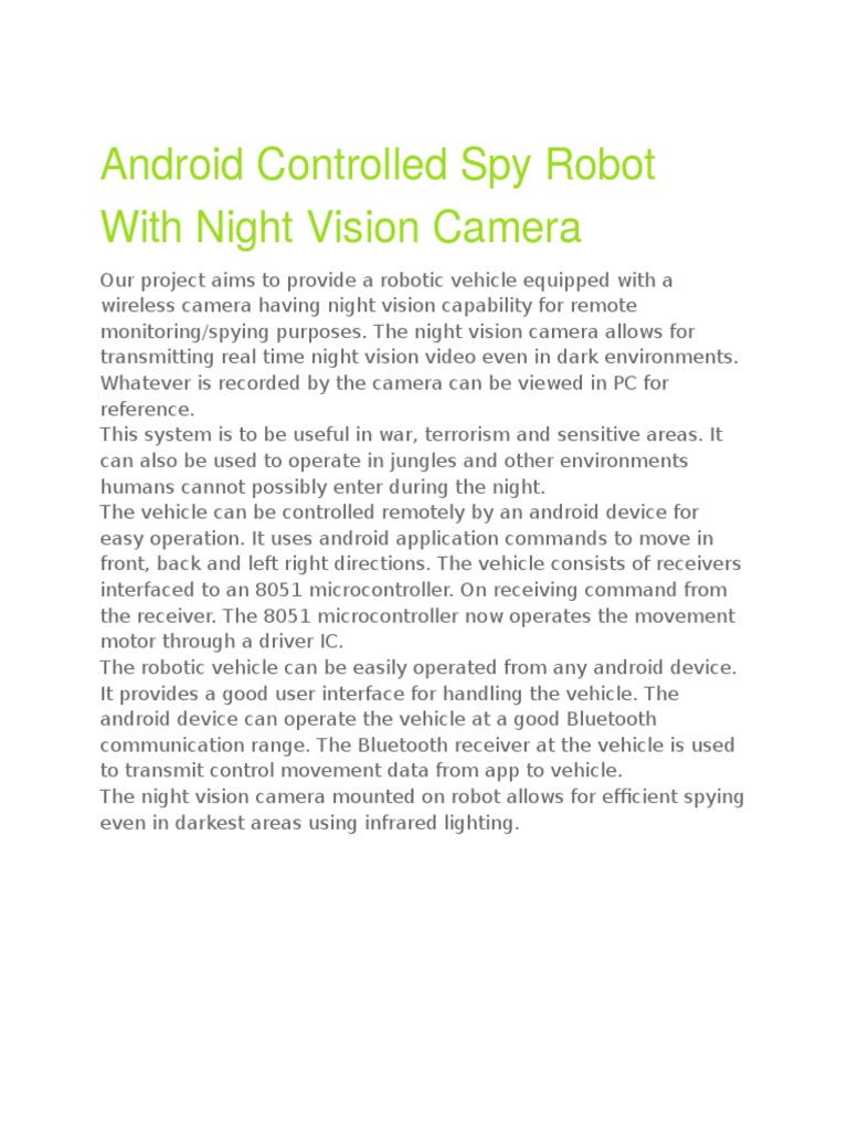 Android Controlled Spy Robot With Night Vision Camera | PDF