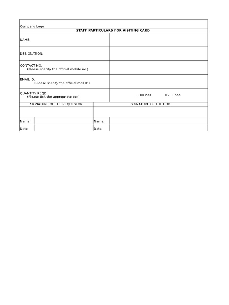 Request For Visiting Card | PDF