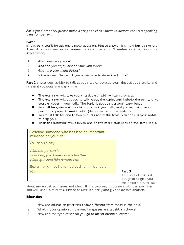 IELTS Speaking Cheat Sheet and Script for Parts 1-3 | PDF ...