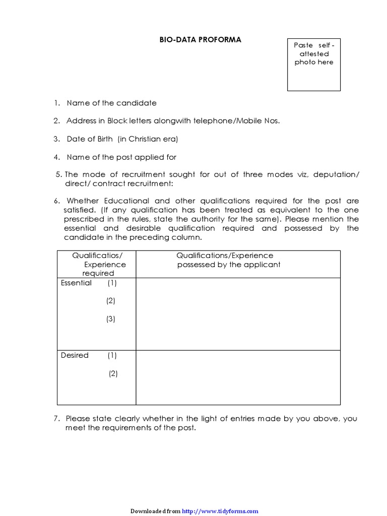 Bio-Data Proforma: Paste Self - Attested Photo Here | PDF | Recruitment ...