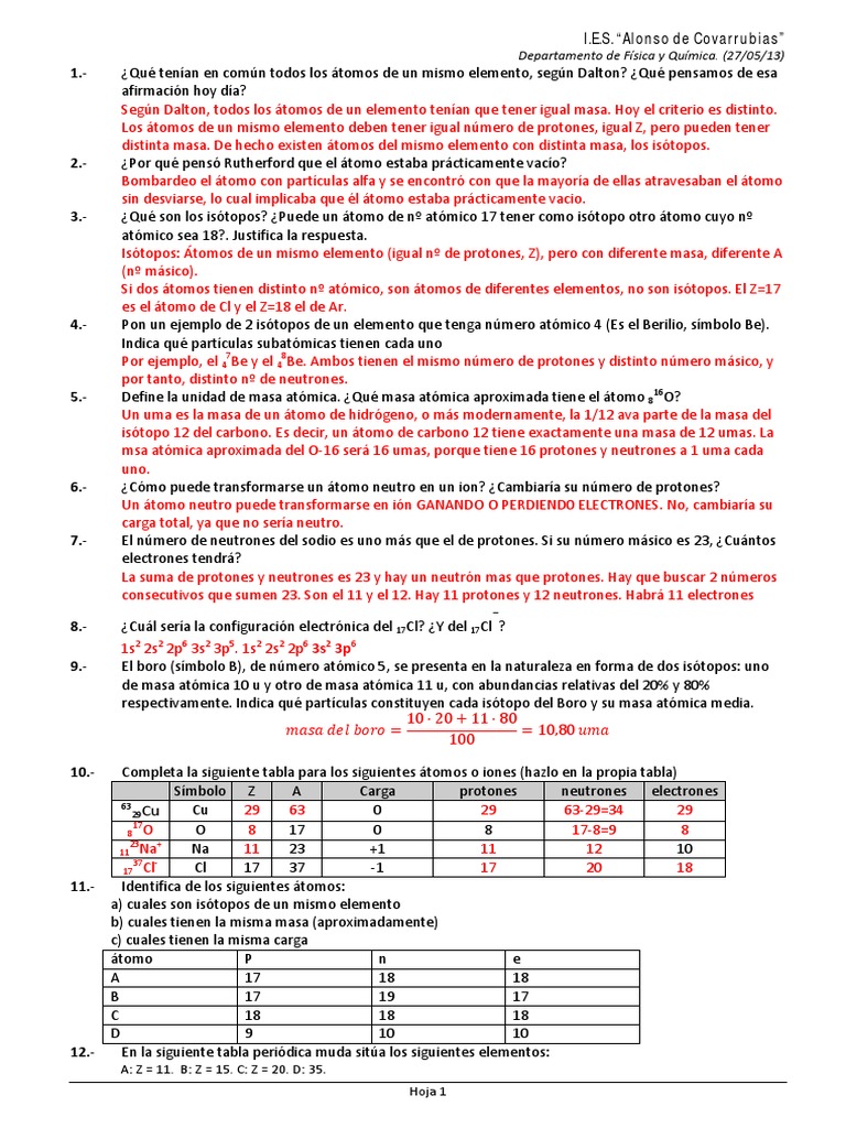 hoja 2 de ejercicios resueltos.pdf | Isótopo | Átomos | Prueba gratuita de 30 días | Scribd
