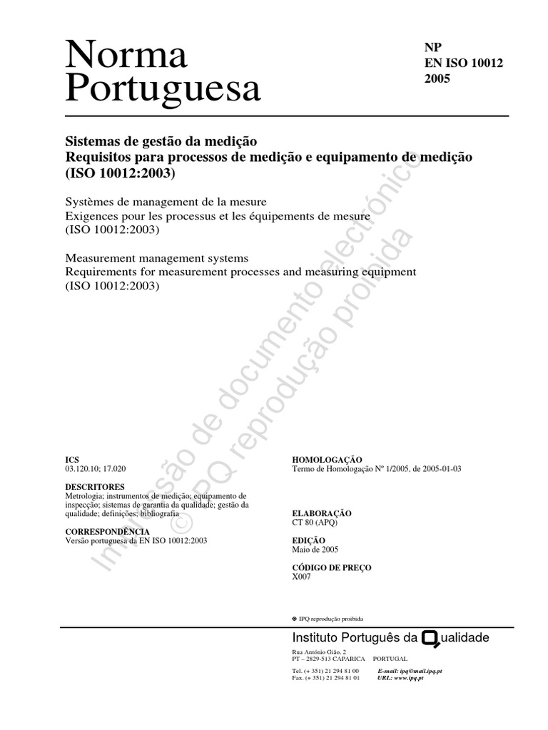 NP en Iso 10012-2005 | PDF | Medição | Qualidade (negócios)