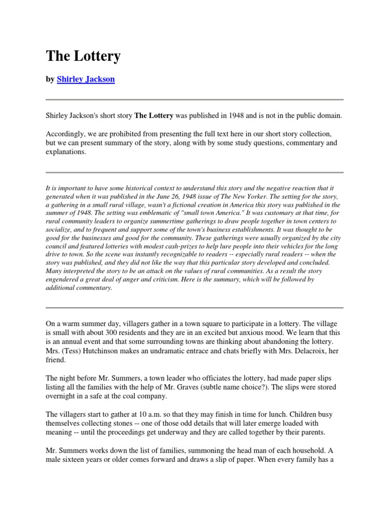The Lottery: Shirley Jackson | PDF
