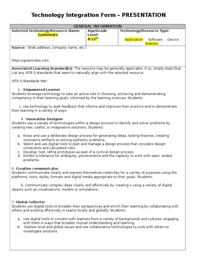 Technology Integration Template-Presentation | PDF | Design | Pedagogy