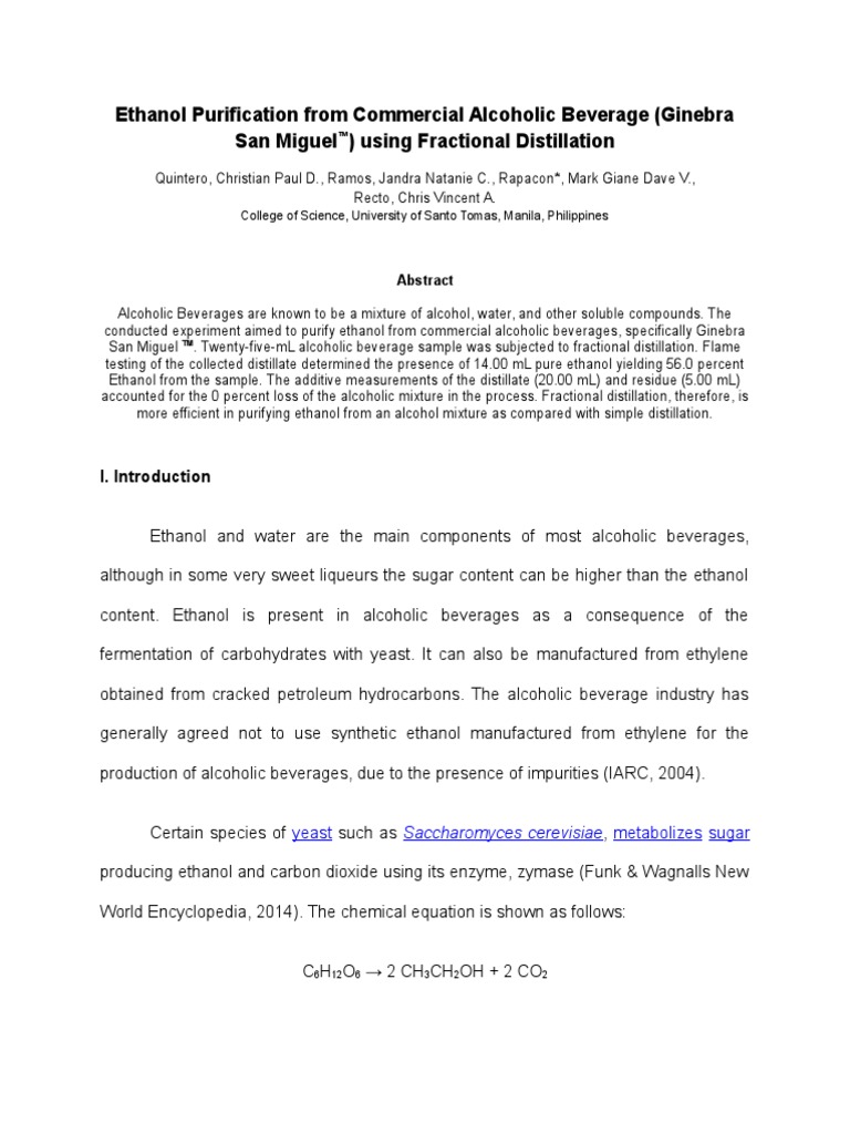 Fractional Distillation of Ethanol From Commercialized Alcoholic ...