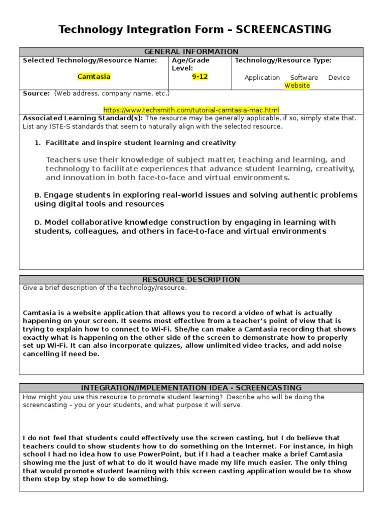 Technology Integration Form - SCREENCASTING | PDF | Learning ...