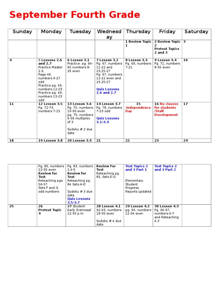 September Fourth Grade | PDF