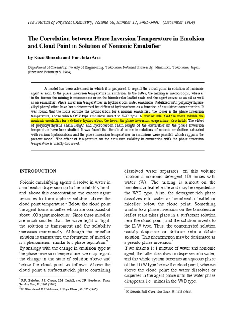 Emulsion Phase Inversion Temperature Shinoda 1964 | PDF | Emulsion ...