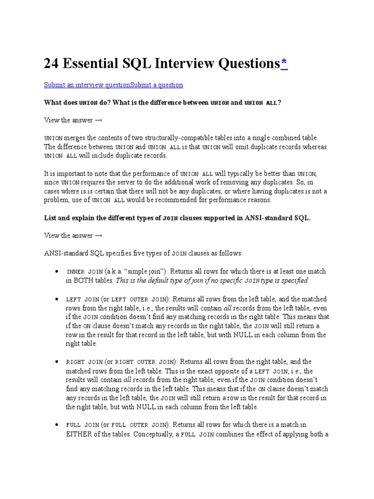 24 Essential SQL Interview Questions | PDF | Acid | Data Management Software