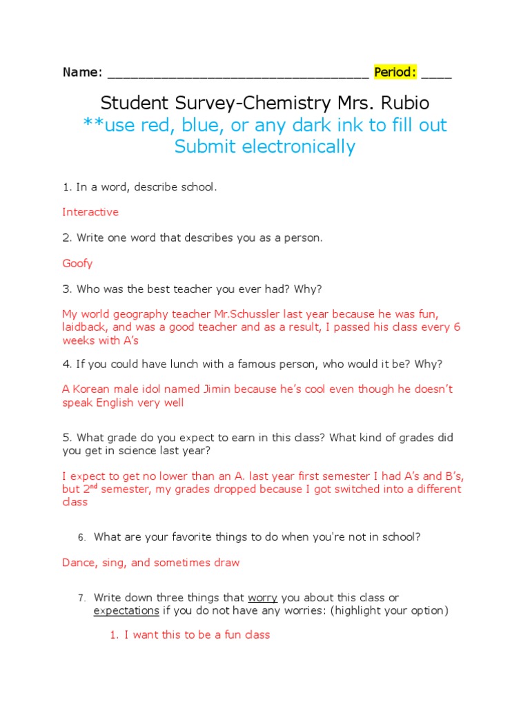 Student Chemistry Survey Form | PDF