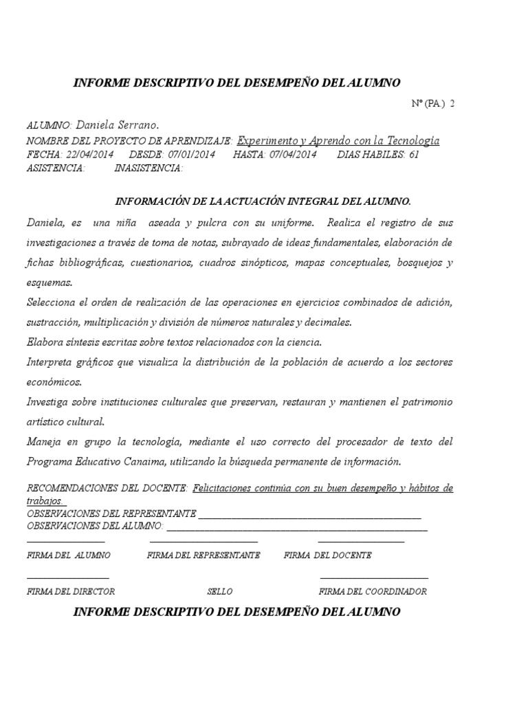 Informe Descriptivo Del Desempeño Del Alumno 2 | PDF | Aprendizaje ...