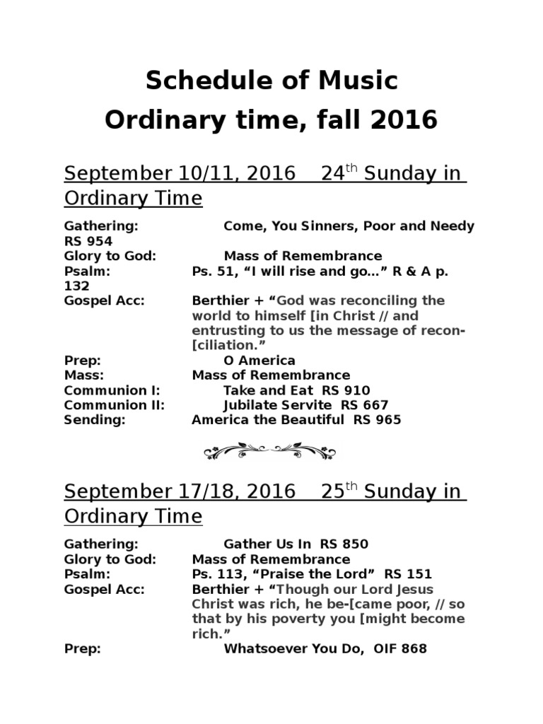 Fall 2016 Church Music Schedule | PDF | Mass (Liturgy) | Eucharist