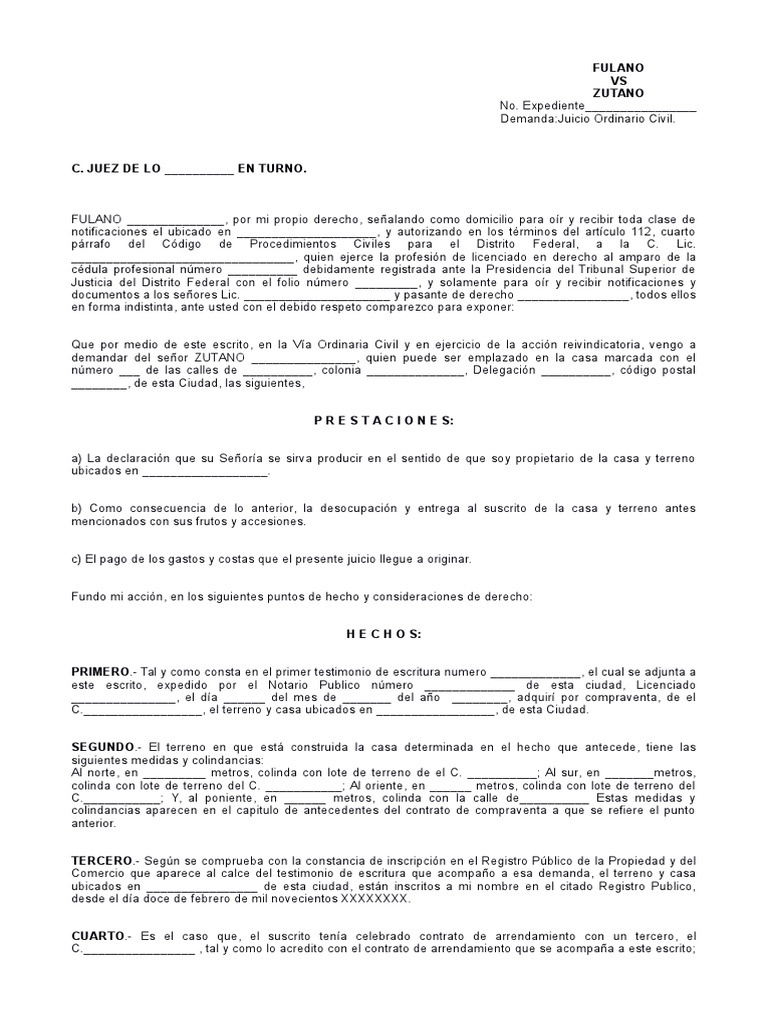 Estructura de Demanda Ordinaria Civil | Demanda judicial | Propiedad