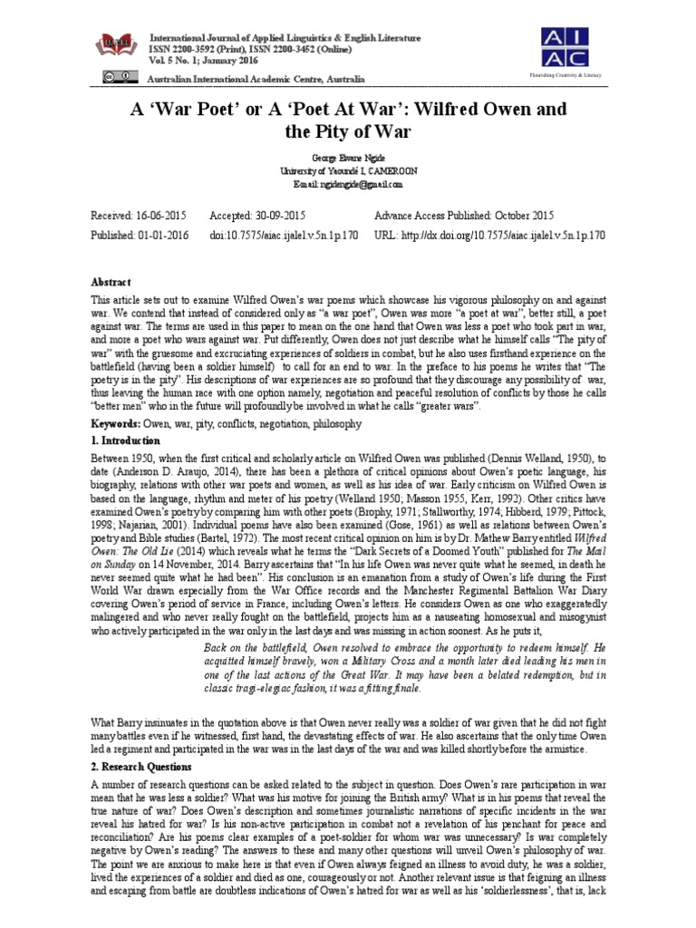 A War Poet' or A Poet at War': Wilfred Owen and The Pity of War | PDF