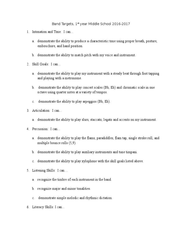 Middle School Band Goals 2016-2017 | PDF | Clef | Music Theory