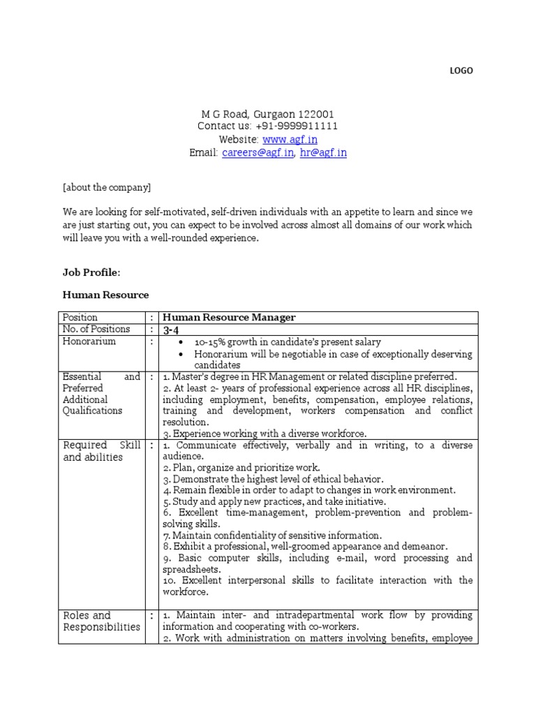 JD Format | PDF | Employment | Human Resource Management