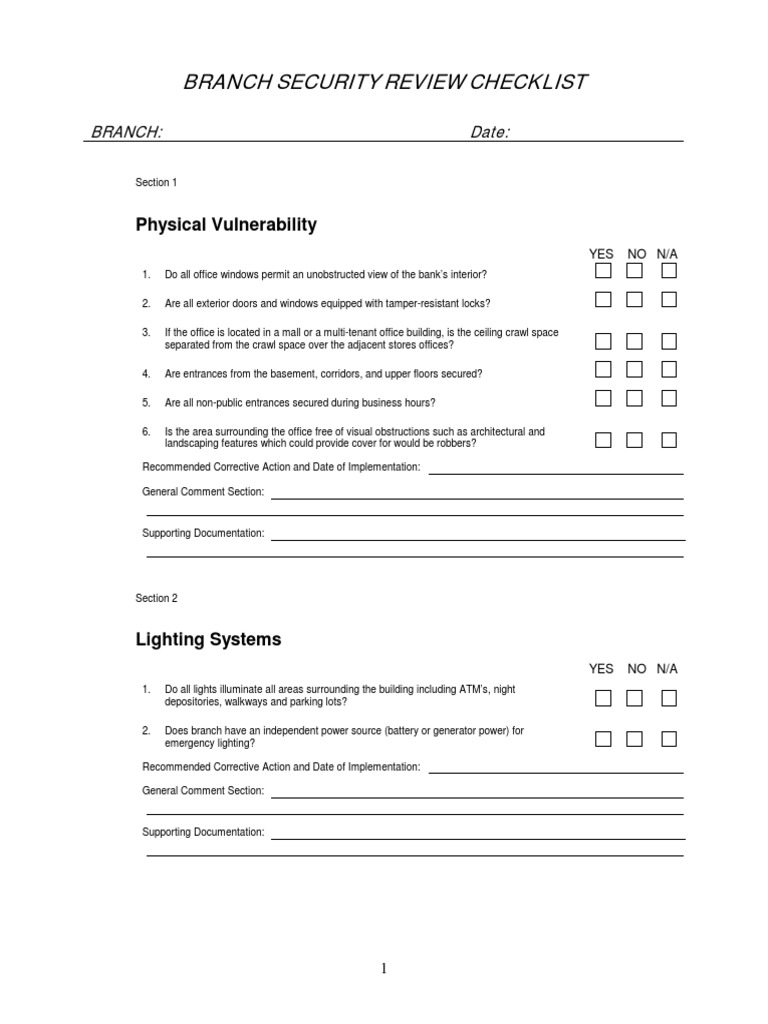 Branch Security Checklist | PDF | Bank Vault | Automated Teller Machine