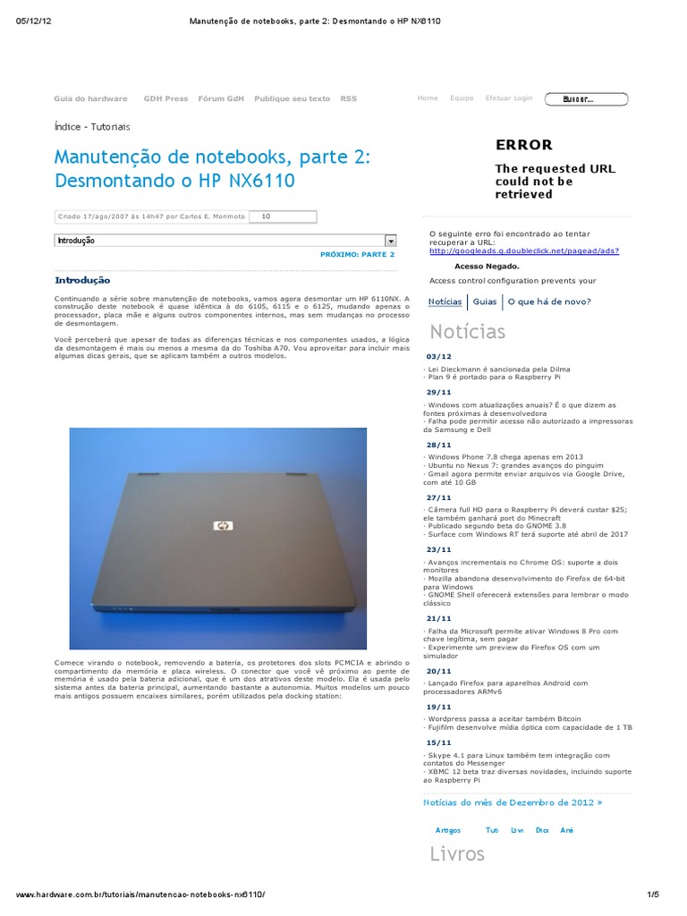 Manutencao de Notebooks Parte 2 Desmontando o HP NX6110 PDF | PDF