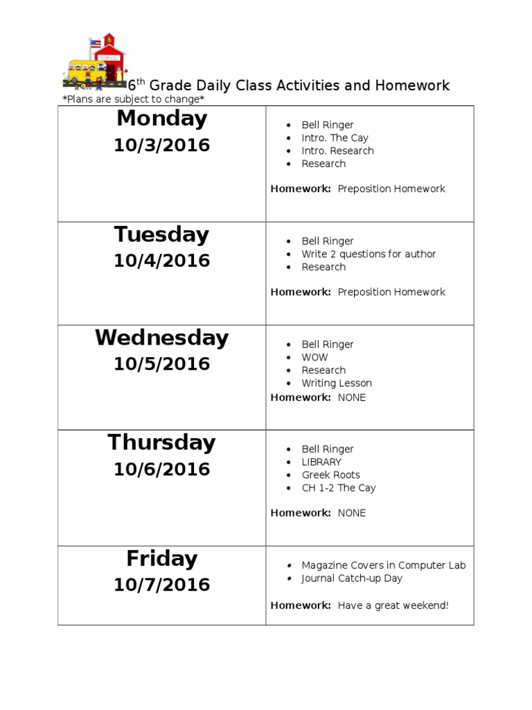 6th Grade Daily Class Activities and Homework | PDF