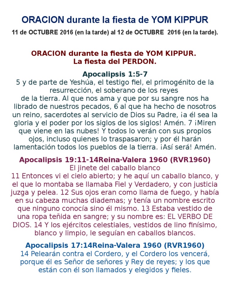 Oraciones Fiesta De Yom Kippur Pdf Perdón Pecado