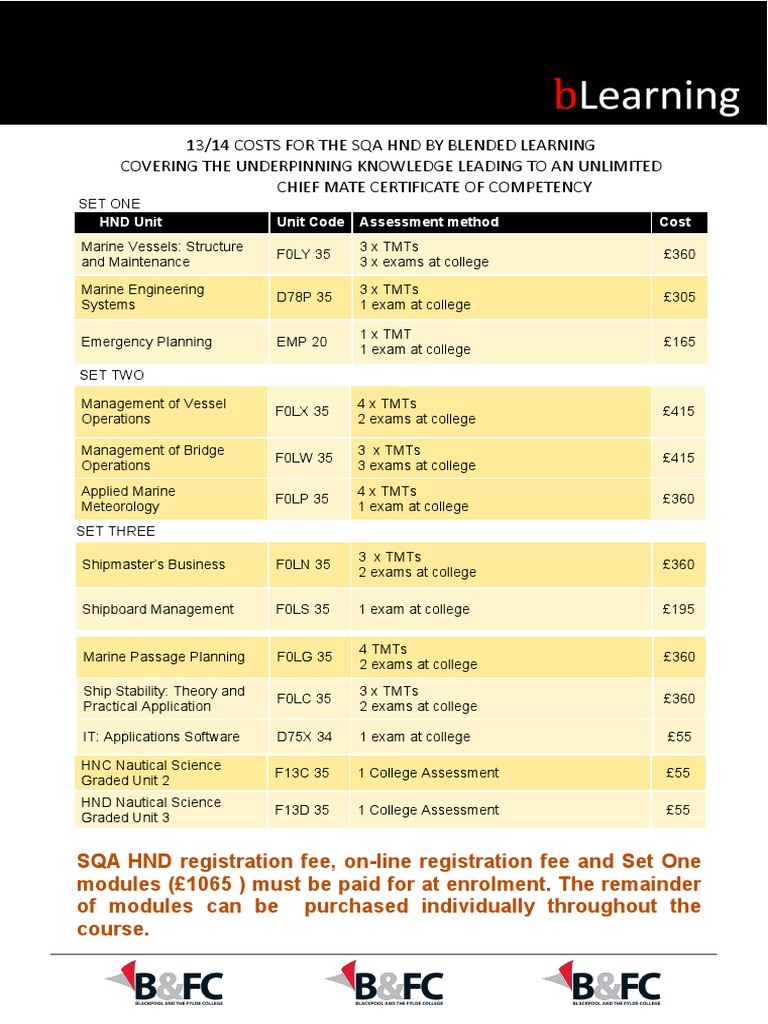 SQA HND Costs for Chief Mate Certification | PDF
