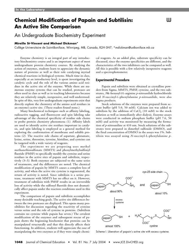 Active Site Modification of Papain and Subtilisin | PDF | Active Site | Enzyme