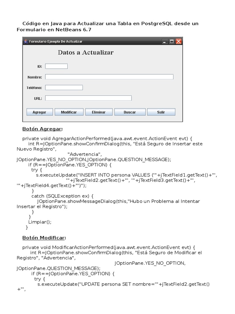 Codigo de Botones en Java para MySQL NetBeans 6 y 7 | PDF