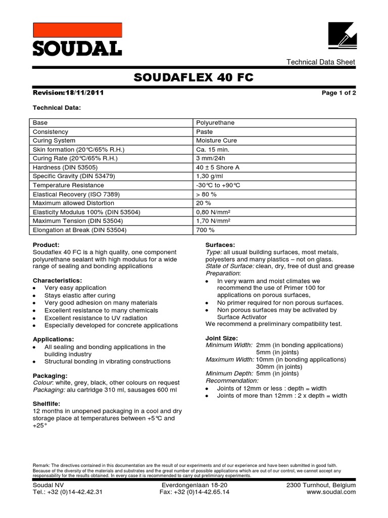 Soudal Soudaflex 40FC Data | Industries | Building Engineering