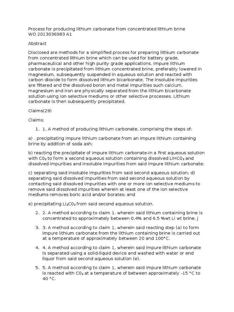 Process For Producing Lithium Carbonate From Concentrated Lithium Brine ...