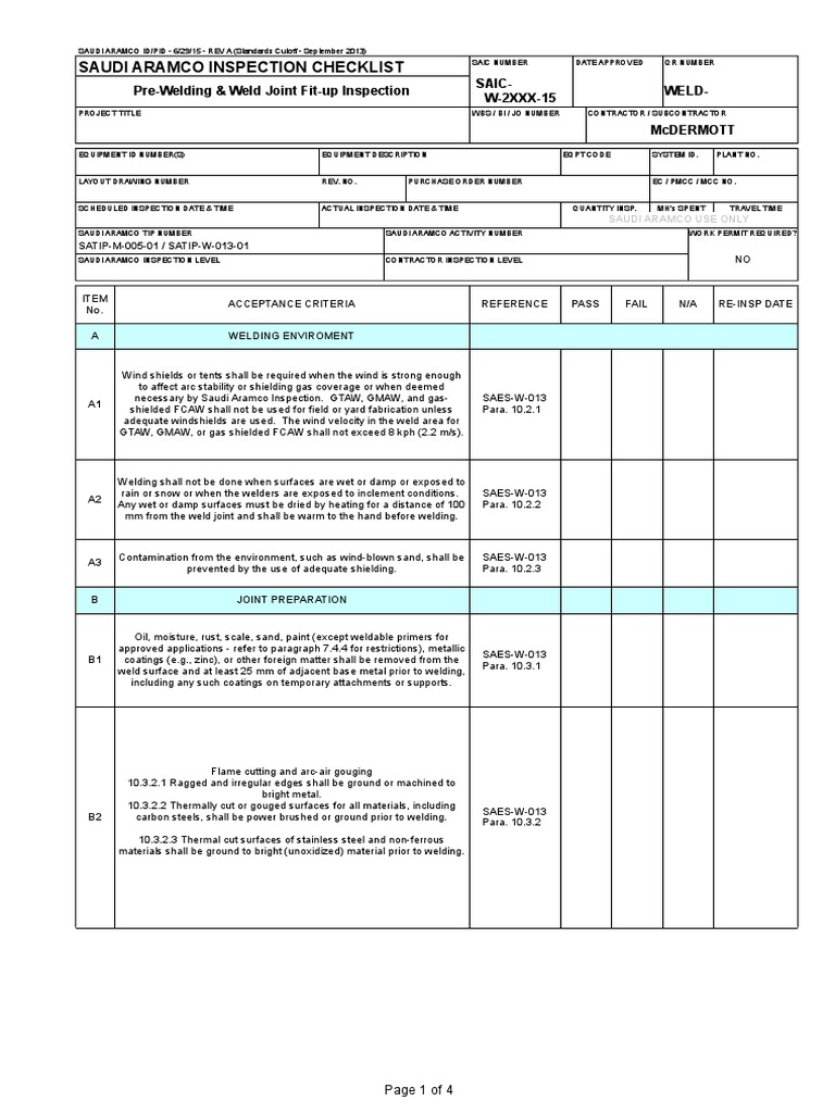 Saic-W-2xxx-15 Pre Welding & Joint Fit-Up Inspection | PDF | Welding ...