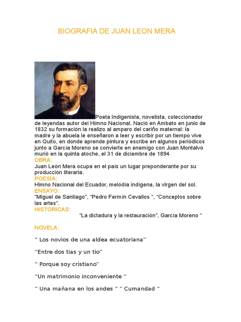 Biografia de Juan Leon Mera | PDF | Clásicos