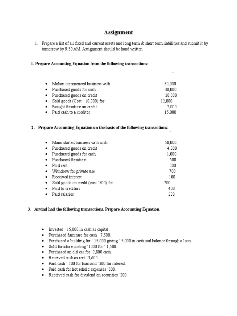 Assignment: 1. Prepare Accounting Equation From The Following ...
