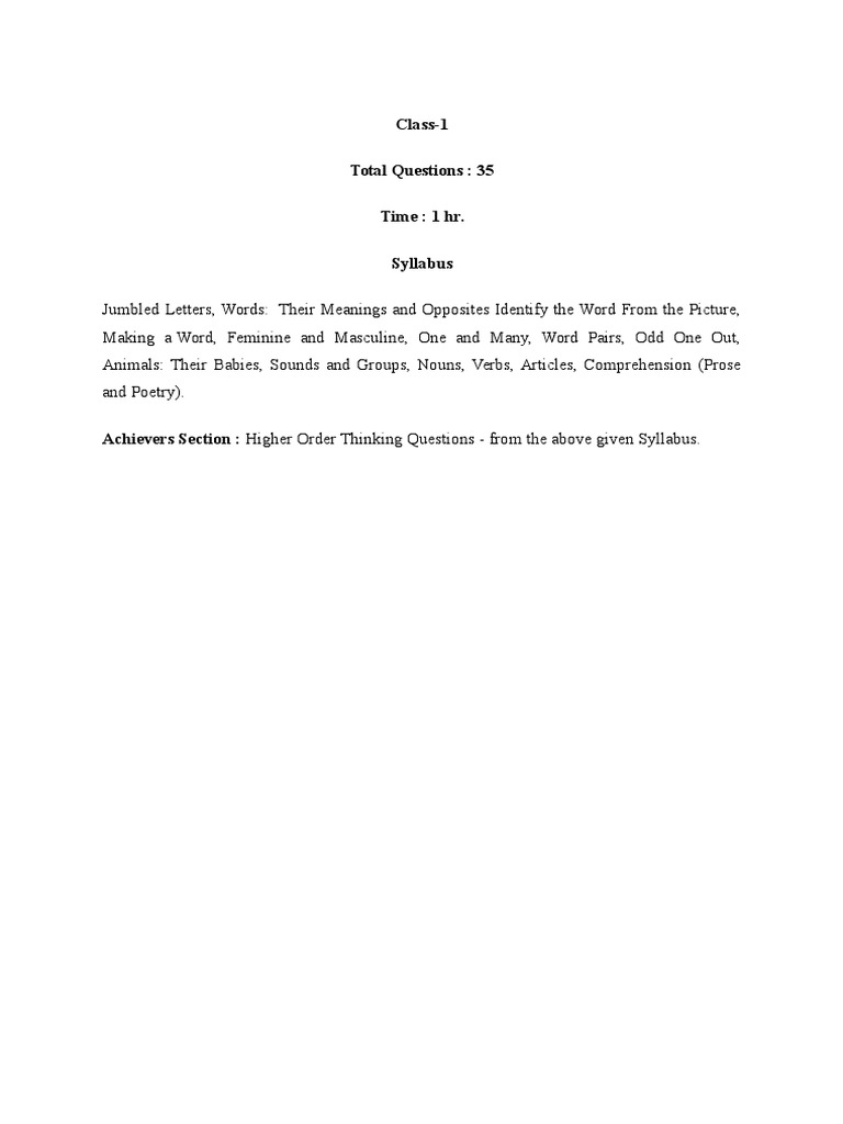 Class-1 Total Questions: 35 Time: 1 Hr. Syllabus | PDF