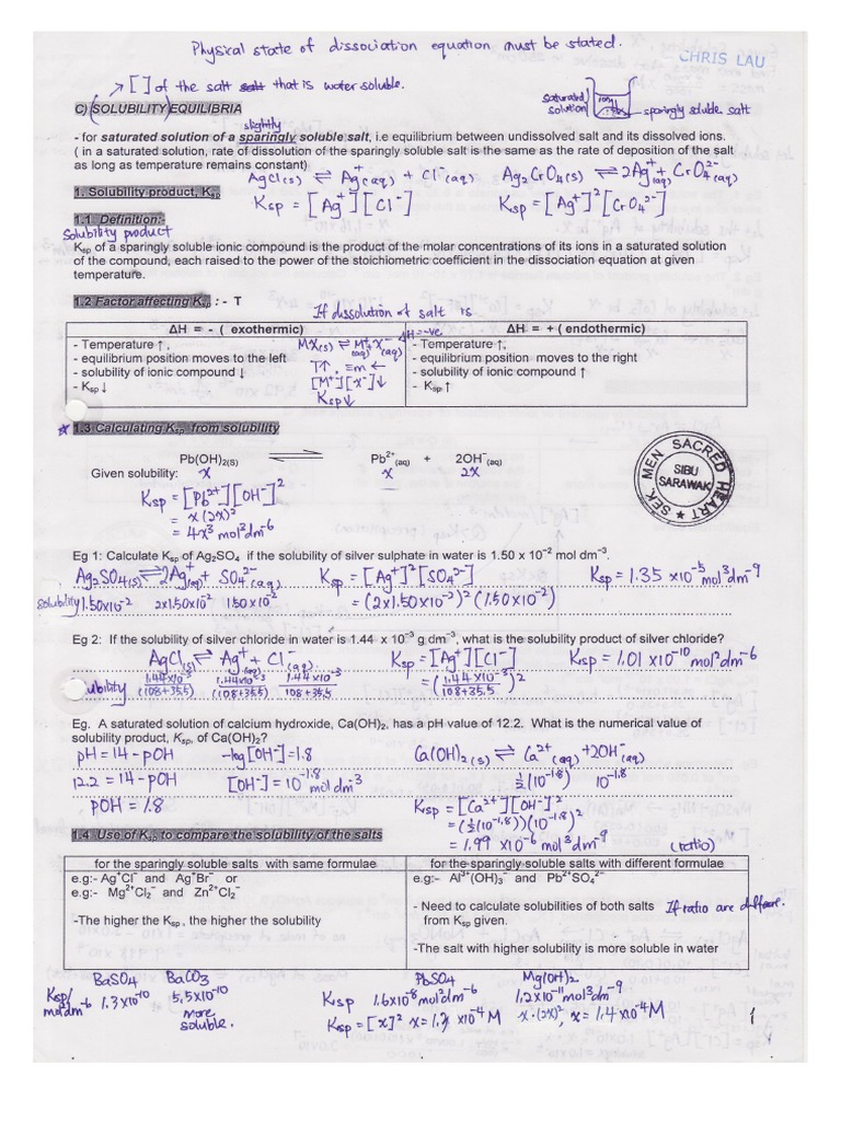 STPM Chemistry Term 1 Topic 6C Solubility Equilibrium | PDF