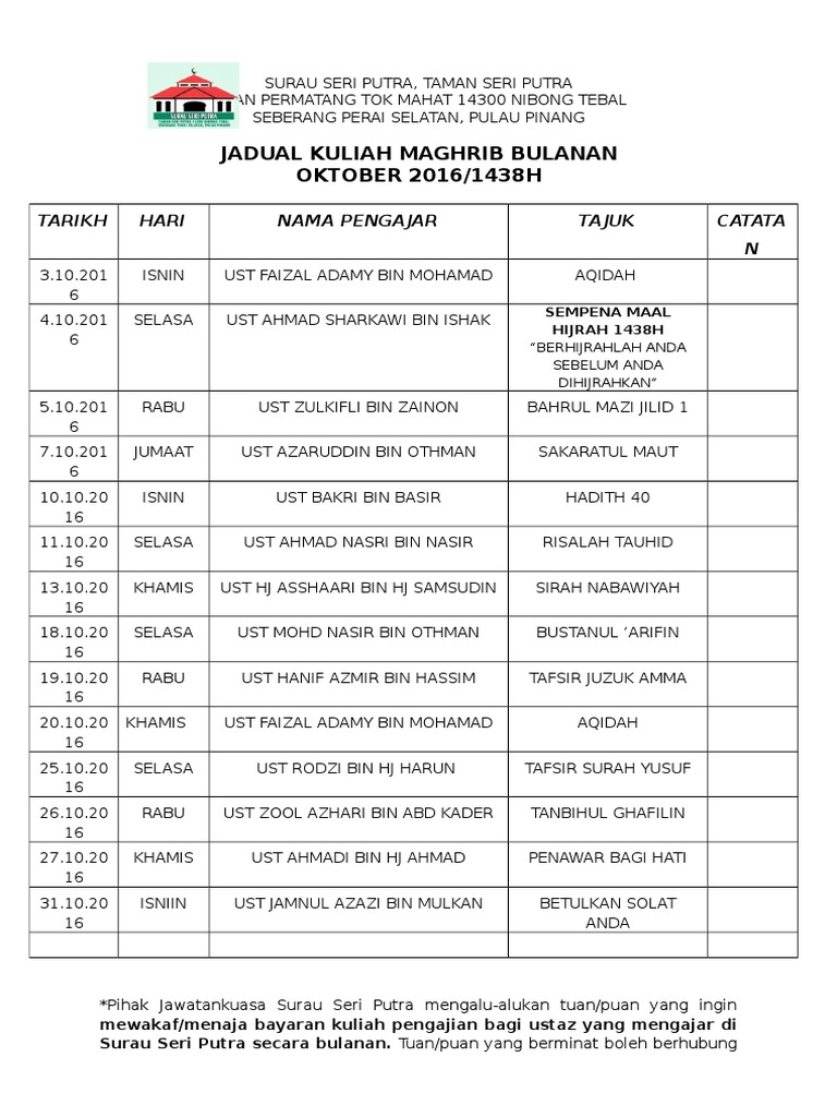 Jadual Kuliah Surau Seri Putra Pdf