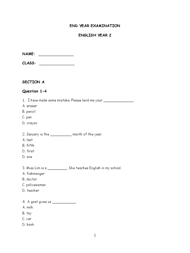 Year 2 English Exam Questions | PDF
