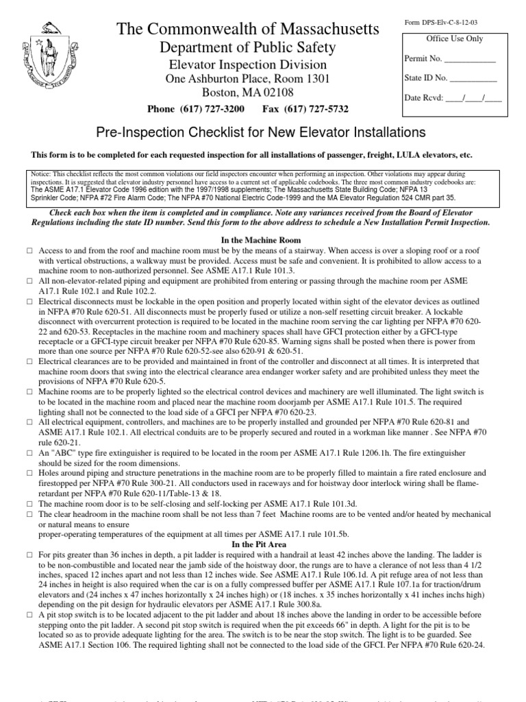Elev Pre Insp MA Form - Elev - Preinspection - Checklist | PDF