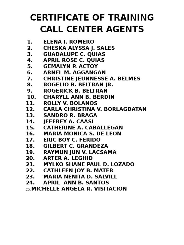 Certificate of Training Call Center Agents | PDF